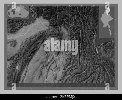 Kachin, state of Myanmar. Grayscale elevation map with lakes and rivers ...