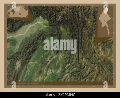 Kachin, state of Myanmar. Low resolution satellite map. Corner ...