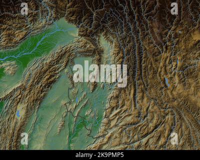 Kachin, state of Myanmar. Colored elevation map with lakes and rivers ...