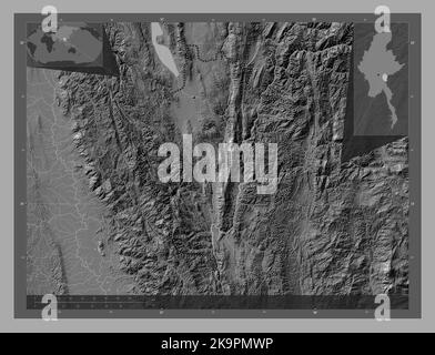 Kayah, state of Myanmar. Bilevel elevation map with lakes and rivers ...