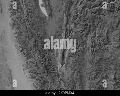 Kayah, state of Myanmar. Grayscale elevation map with lakes and rivers ...