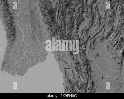 Kayin, state of Myanmar. Bilevel elevation map with lakes and rivers ...