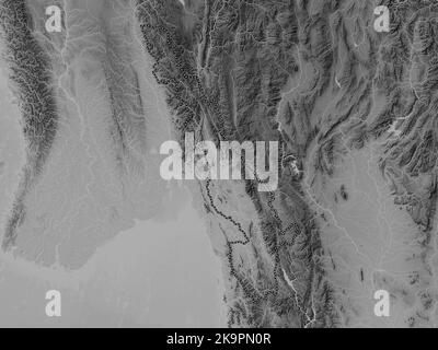 Kayin, state of Myanmar. Grayscale elevation map with lakes and rivers ...