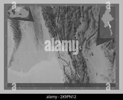 Kayin, state of Myanmar. Grayscale elevation map with lakes and rivers ...