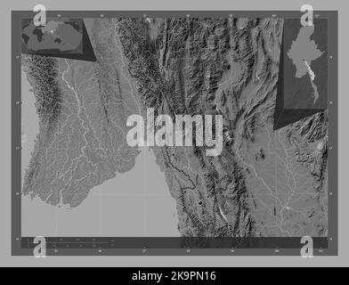 Kayin, state of Myanmar. Bilevel elevation map with lakes and rivers ...