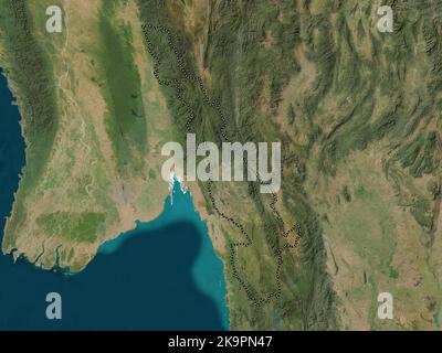Kayin, state of Myanmar. Low resolution satellite map. Locations of ...