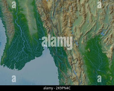 Kayin, state of Myanmar. Colored elevation map with lakes and rivers ...