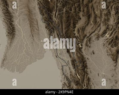 Kayin, state of Myanmar. Colored elevation map with lakes and rivers ...