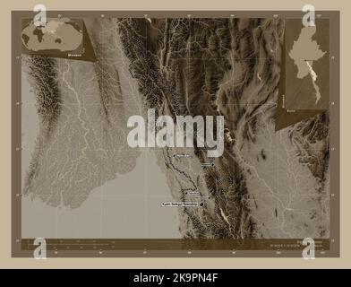 Kayin, state of Myanmar. Colored elevation map with lakes and rivers ...