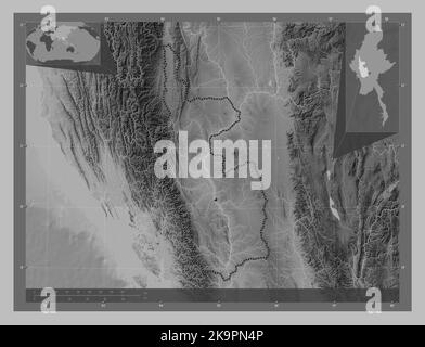 Magway, division of Myanmar. Grayscale elevation map with lakes and ...