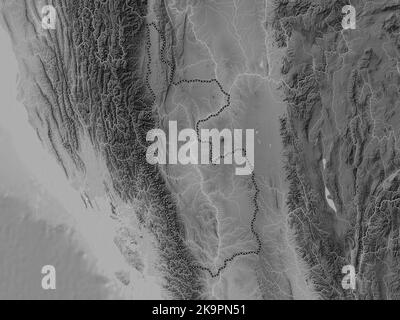 Magway, division of Myanmar. Grayscale elevation map with lakes and ...