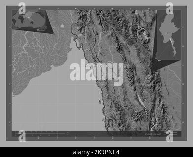 Mon, state of Myanmar. Bilevel elevation map with lakes and rivers ...