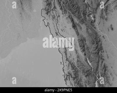 Mon, state of Myanmar. Elevation map colored in sepia tones with lakes ...