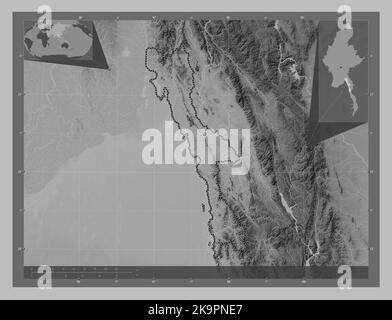 Mon, state of Myanmar. Grayscale elevation map with lakes and rivers ...