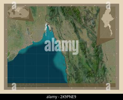 Mon, state of Myanmar. High resolution satellite map. Locations and ...