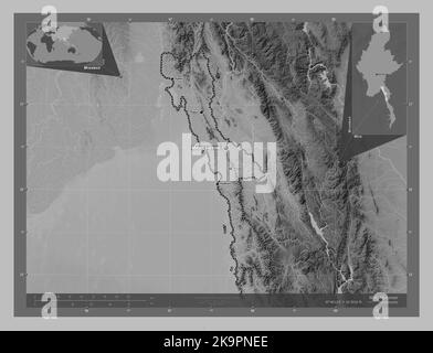 Mon, state of Myanmar. Grayscale elevation map with lakes and rivers ...