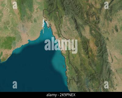 Mon, state of Myanmar. Low resolution satellite map. Locations and ...