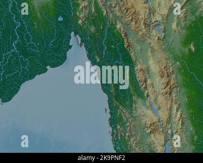 Mon, state of Myanmar. Colored elevation map with lakes and rivers ...