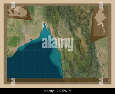 Mon, state of Myanmar. Low resolution satellite map. Locations of major ...