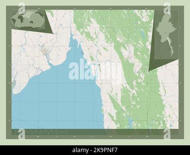 Mon, state of Myanmar. Open Street Map. Locations and names of major ...