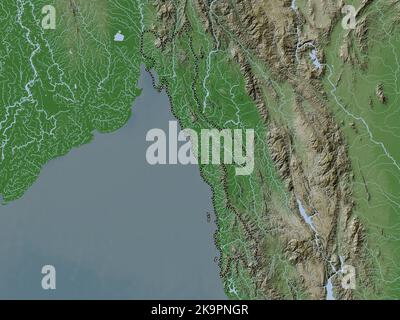 Mon, state of Myanmar. Colored elevation map with lakes and rivers ...