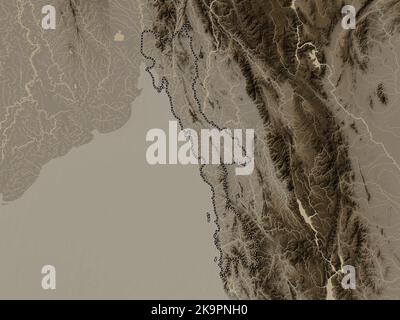 Mon, state of Myanmar. Colored elevation map with lakes and rivers ...