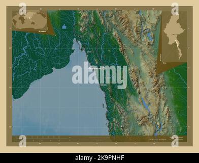 Mon, state of Myanmar. Colored elevation map with lakes and rivers ...