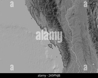 Rakhine, state of Myanmar. Bilevel elevation map with lakes and rivers ...