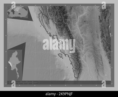 Rakhine, state of Myanmar. Grayscale elevation map with lakes and ...
