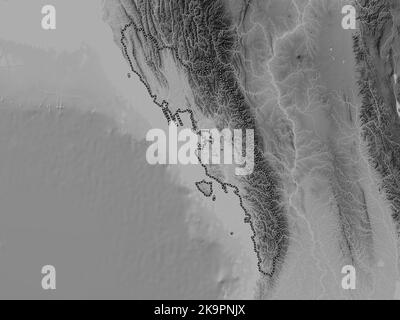 Rakhine, state of Myanmar. Grayscale elevation map with lakes and ...