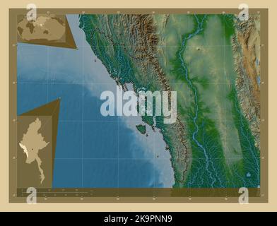 Rakhine, state of Myanmar. Colored elevation map with lakes and rivers ...