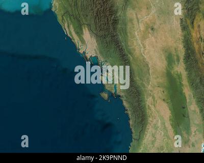 Rakhine, state of Myanmar. Low resolution satellite map. Locations and ...