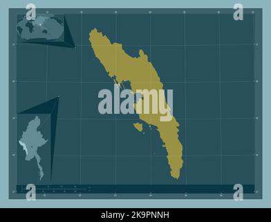 Rakhine, state of Myanmar. Solid color shape. Locations and names of ...