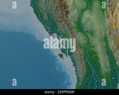 Rakhine, state of Myanmar. Colored elevation map with lakes and rivers ...