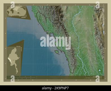 Rakhine, state of Myanmar. Colored elevation map with lakes and rivers ...