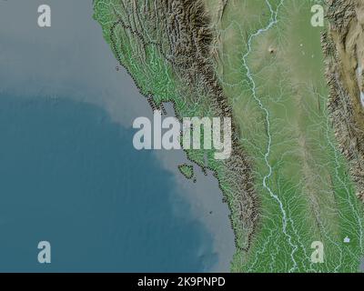 Rakhine, state of Myanmar. Colored elevation map with lakes and rivers ...