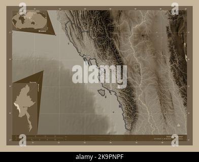 Rakhine, state of Myanmar. Colored elevation map with lakes and rivers ...