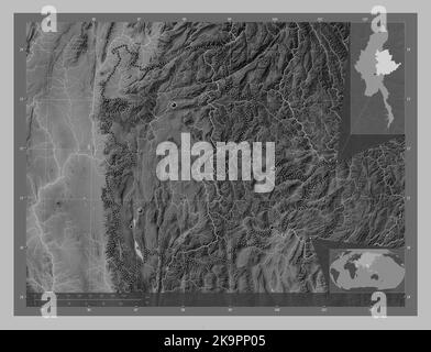Shan, state of Myanmar. Grayscale elevation map with lakes and rivers ...