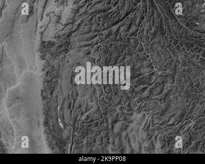 Shan, state of Myanmar. Grayscale elevation map with lakes and rivers ...