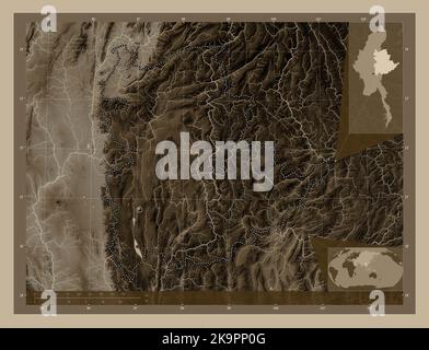 Shan, state of Myanmar. Colored elevation map with lakes and rivers ...