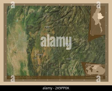 Shan, state of Myanmar. Low resolution satellite map. Locations of ...