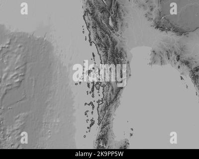 Tanintharyi, division of Myanmar. Grayscale elevation map with lakes ...