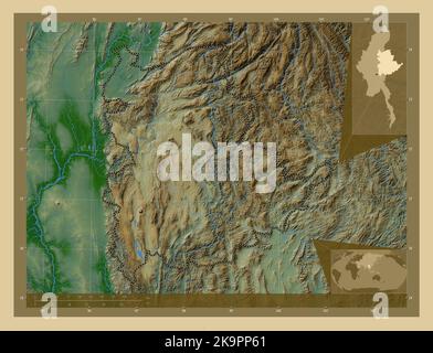 Shan, state of Myanmar. Colored elevation map with lakes and rivers ...
