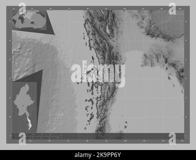 Tanintharyi, division of Myanmar. Grayscale elevation map with lakes ...