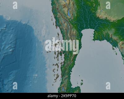 Tanintharyi, division of Myanmar. Colored elevation map with lakes and ...
