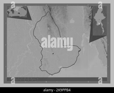 Yangon, division of Myanmar. Grayscale elevation map with lakes and ...