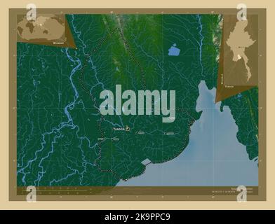 Yangon, division of Myanmar. Colored elevation map with lakes and ...