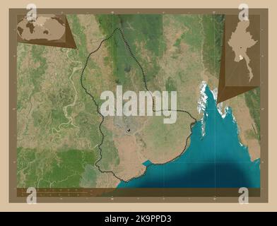 Yangon, division of Myanmar. Low resolution satellite map. Locations ...