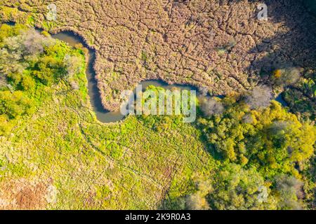 Narrow creek meanders in autumnal landscape from above Stock Photo - Alamy