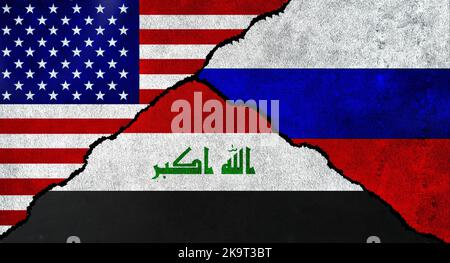 Flags of USA and Iraq on wall with crack. USA and Iraq conflict. Iraq ...